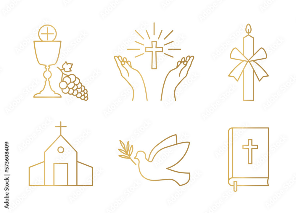 golden christianity icon set; holy communion, chalice and grapes ...