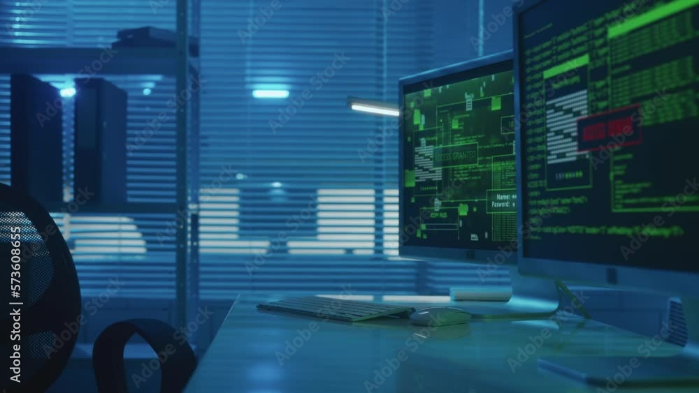 Computer screen with green line of program code and warning access ...