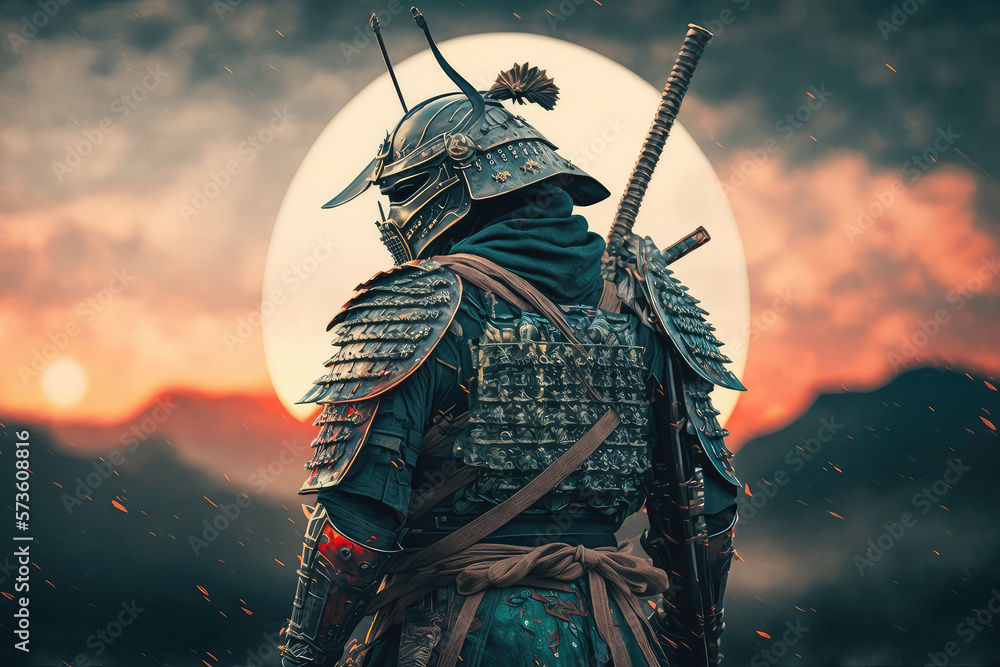 ภาพประกอบสต็อก illustration painting A samurai with a katana stands ...