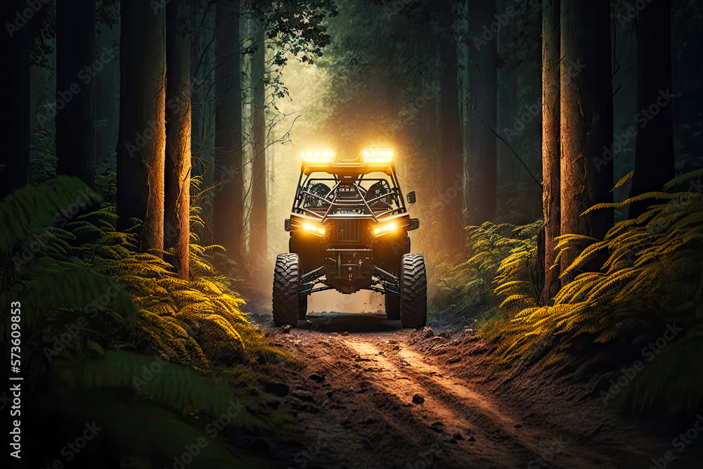 off-road vehicle with atv in the forest lights way forward, generative ...