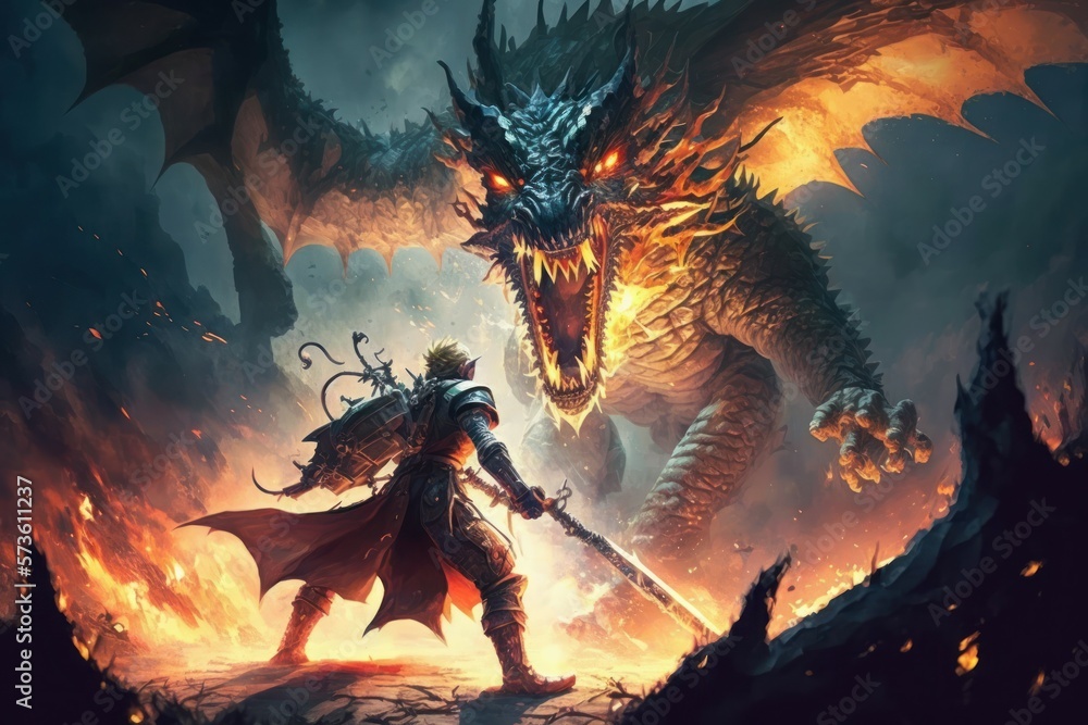 The epic scene of the battle of a knight with a dragon. Fairy tale ...