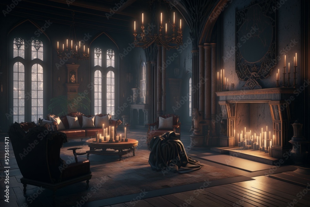 Living room of a large, Gothic vampire castle. Dracula's castle. AI ...