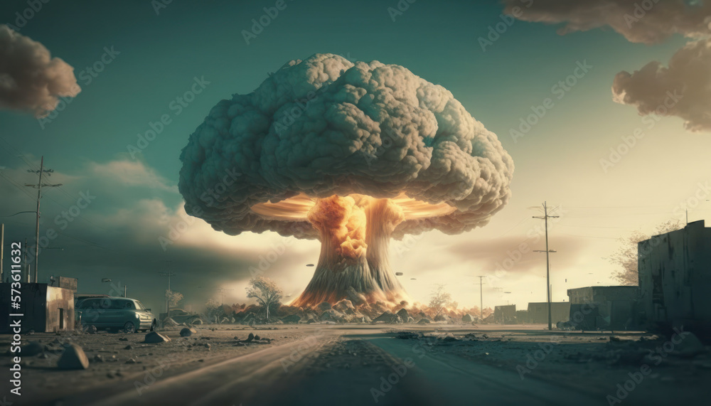 Mushroom cloud after atomic bomb explosion in city. The concept of nuclear war. AI generated ...