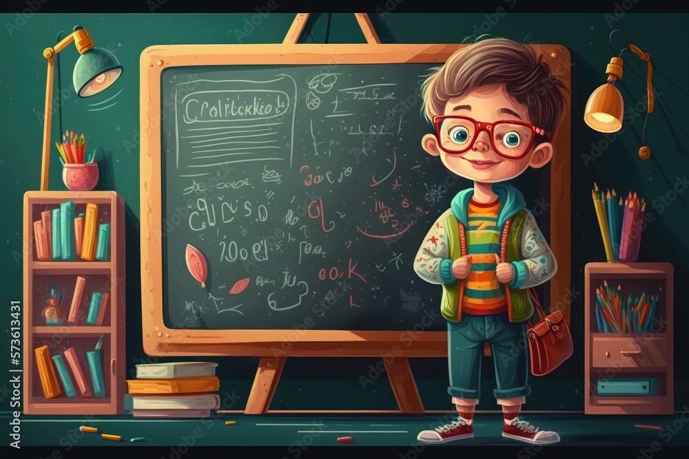Portrait a cute happy kid student stands in front of a chalkboard ...