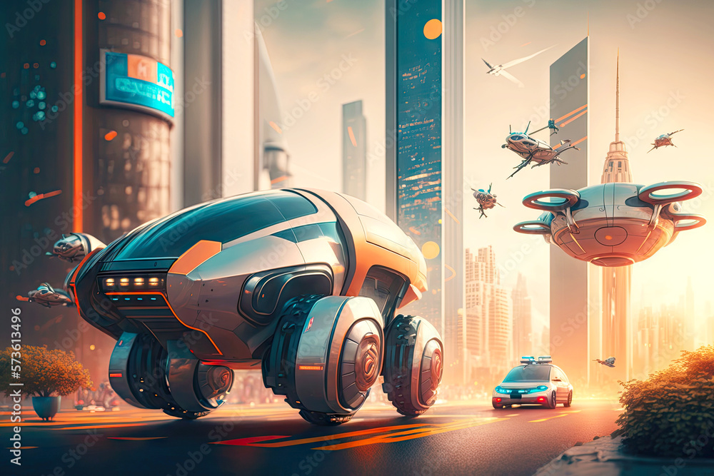 modern futuristic city with robot drones and self-propelled vehicles ...