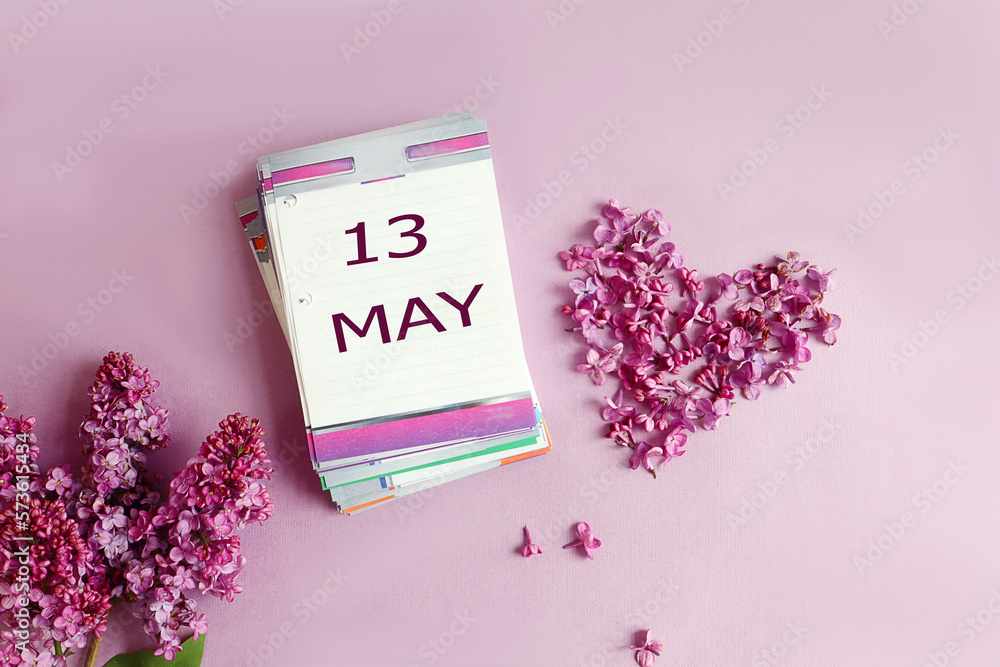 Calendar for May 13: a desk calendar with the numbers 13, the name of ...