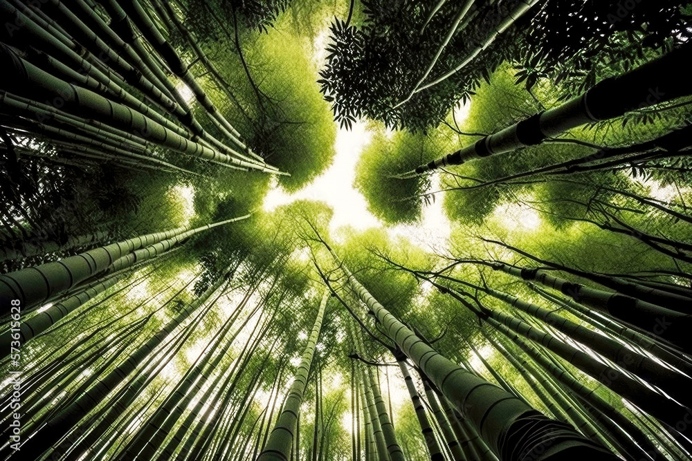 booming over head at top of bamboo forest trees large branch ...