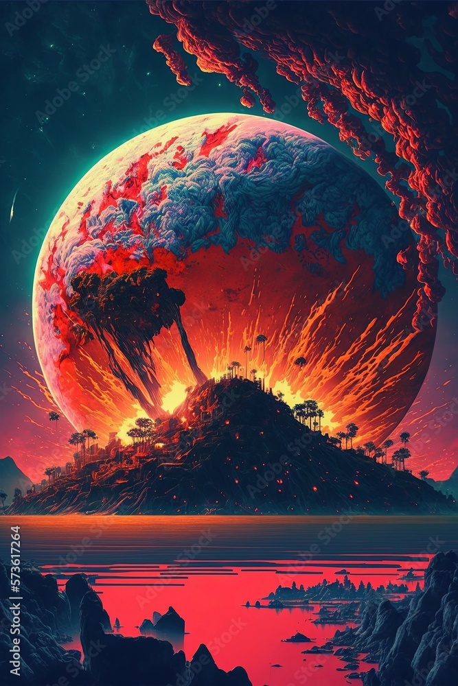 Vertical illustration of volcano eruption on a tropical island ...