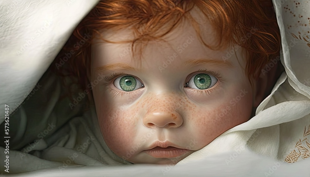 Fictionnal green eyed ginger newborn baby boy with freckles in ...
