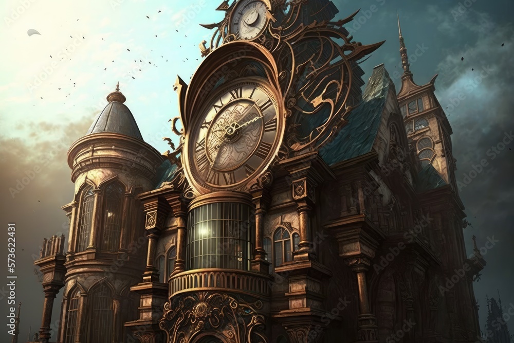 Steampunk grand clock tower, industrial cityscape background ...