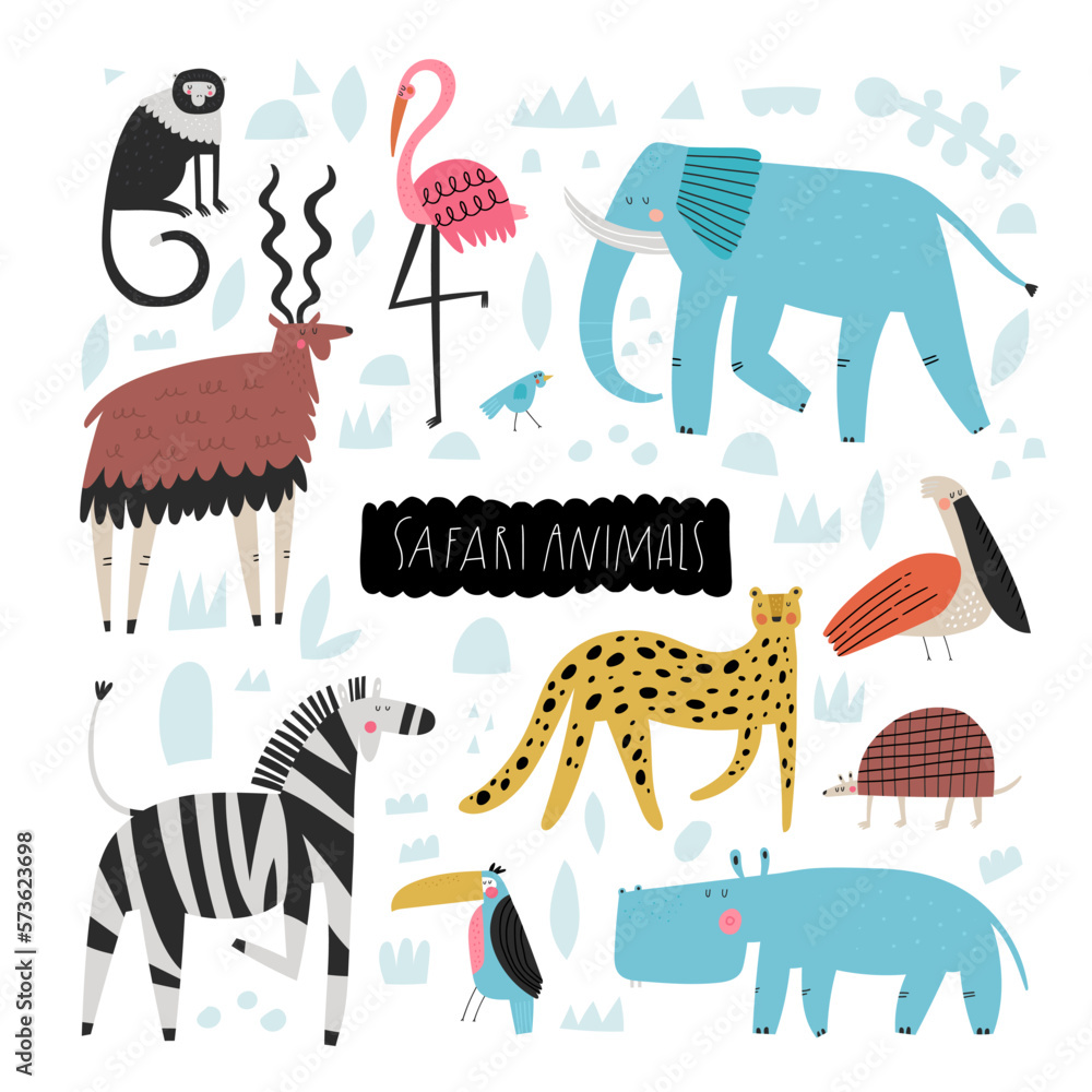 Collection set of cute safari animals in scandinavian style Stock ...