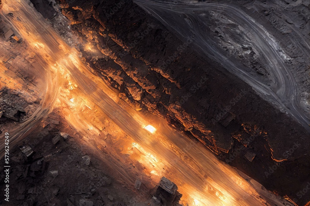aerial panorama of a coal mine. Big yellow mining truck for a coal ...