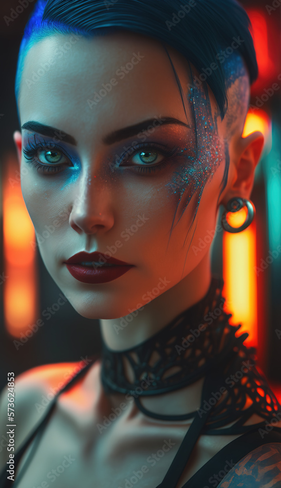 Portrait of a beautiful futuristic punk girl. Queen of rebellion and ...