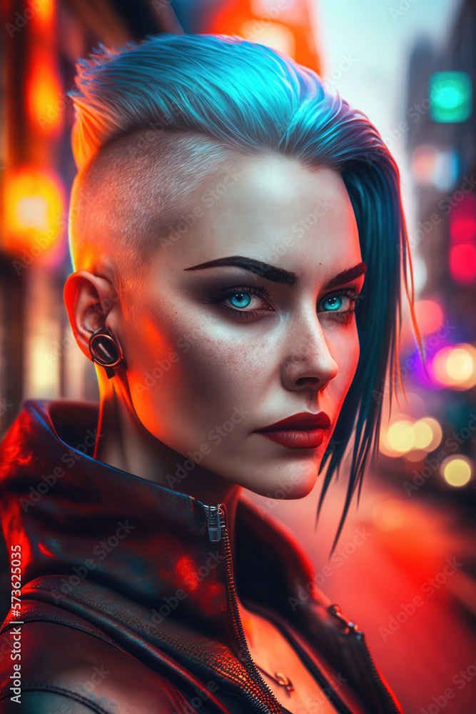 Portrait of a beautiful futuristic punk girl. Queen of rebellion and ...