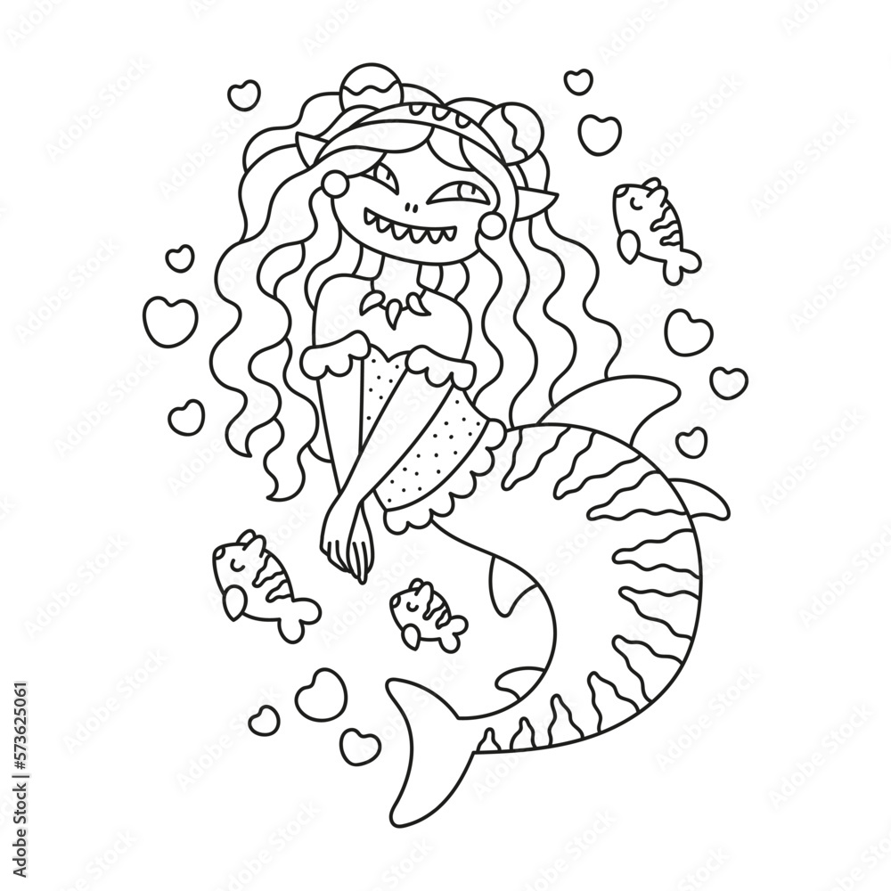 Cute shy mermaid shark. Funny cat fish girl. Adorable fairy tale sea ...