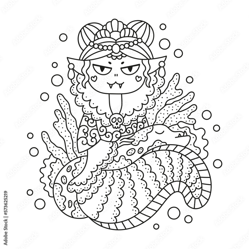 Victorian vampire girl. Cute sea mermaid with moray eel. Fantasy fish ...