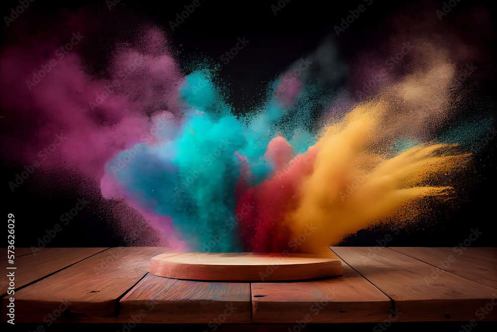Product display podium with colorful powder paint explosion. Generative ...