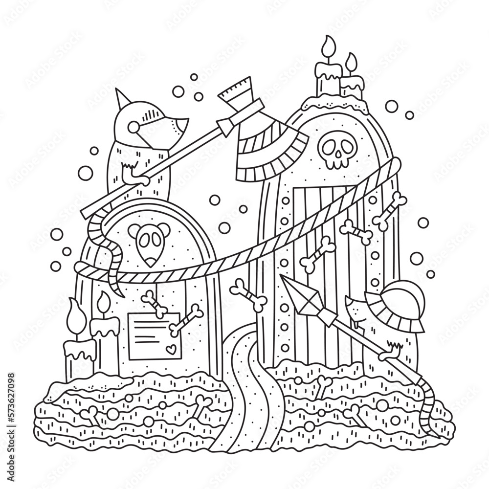 Pet graveyard. Tombstone with rat guardian. Decorated with bones and ...