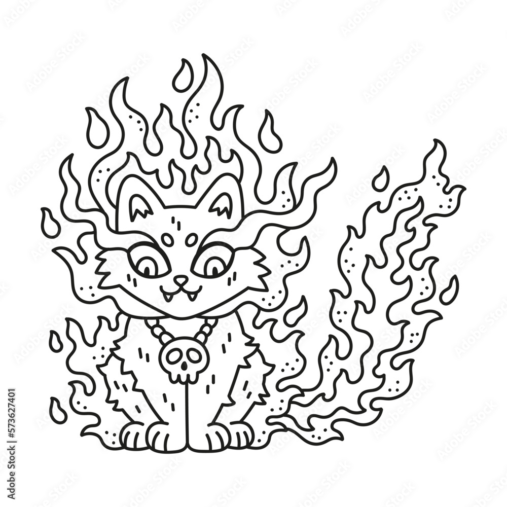 Devil cat in fire. Cute little monster pussycat. Burning kitty. Spirit ...