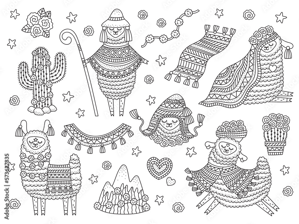 Set of cute little llamas. Fluffy happy alpaca. Funny farm animals. Hat ...