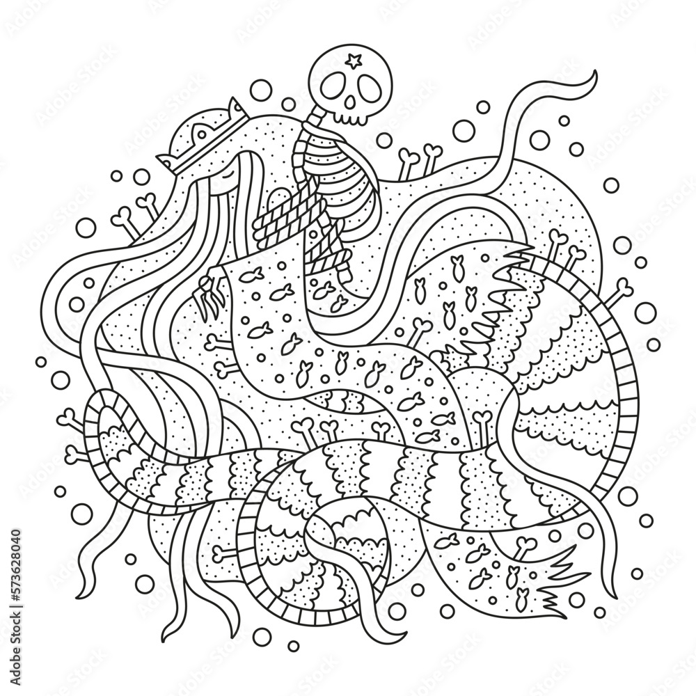 Cute scary underwater witch. Funny mermaid wizard with skeleton ...