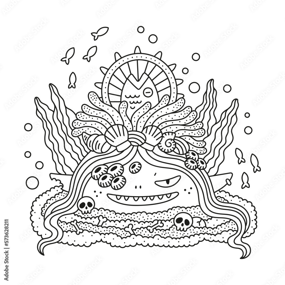 Sea monster mermaid hiding in sand. Danger trap. Funny face with sea ...