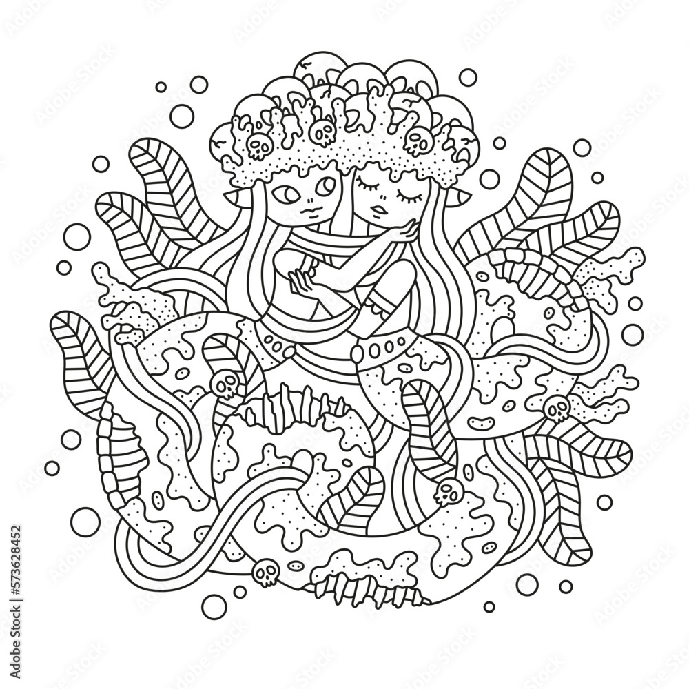 Cute twins mermaid with one body. Scary zombie fish girls. Underwater ...