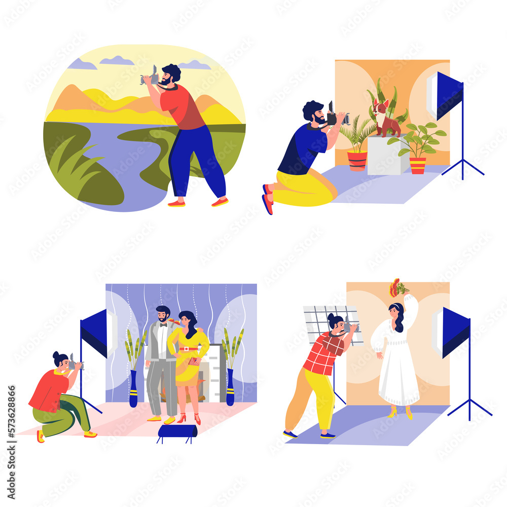 Men and women work as photographers set concept with people scene in ...