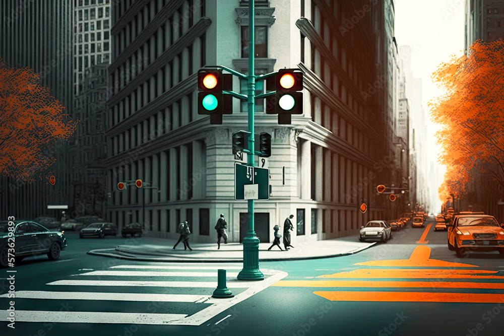 city street intersection with traffic lights on pedestrian crossing ...