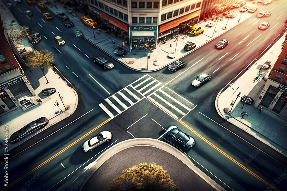 city street intersection with cars driving over asphalt road ...