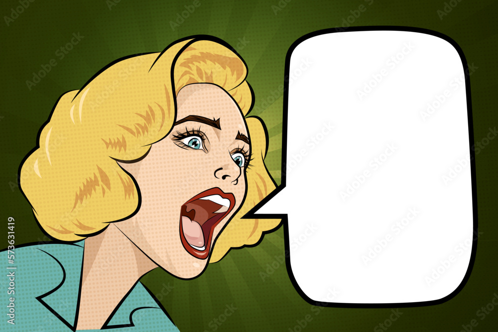 Pop art young beautiful blonde woman screaming shocked by what she saw ...