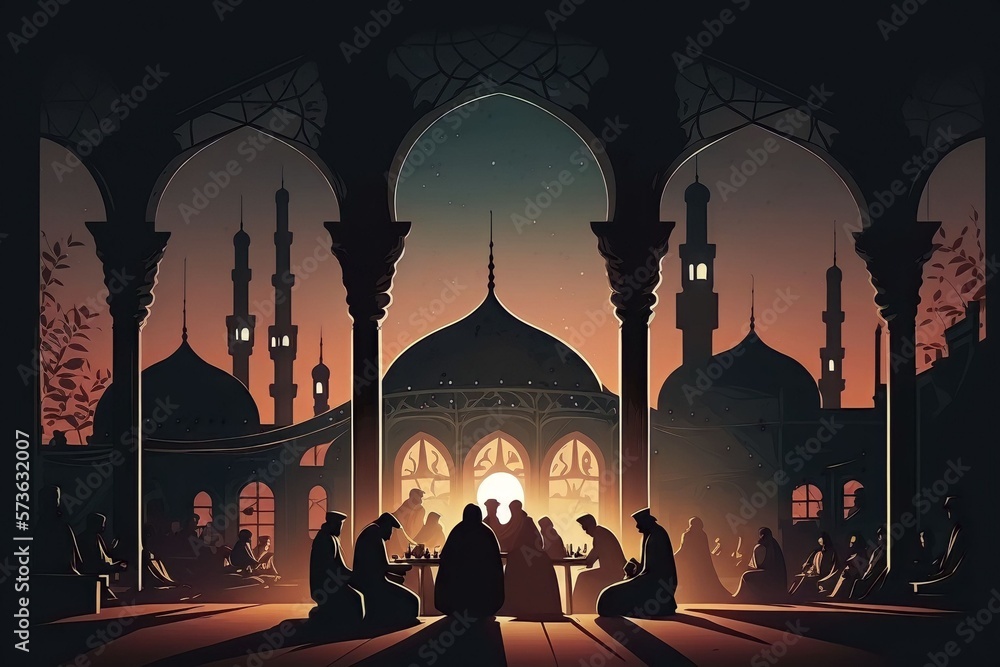 muslim people in masjid at night illustration vector, Generative AI ...
