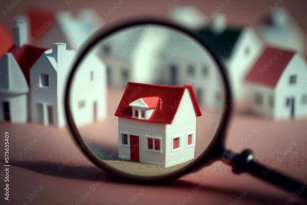 Housing search concept. Miniature of a white house under magnifying ...