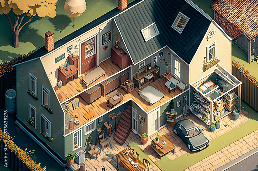 Generative AI illustration of Cutaway house isometric. Housing ...