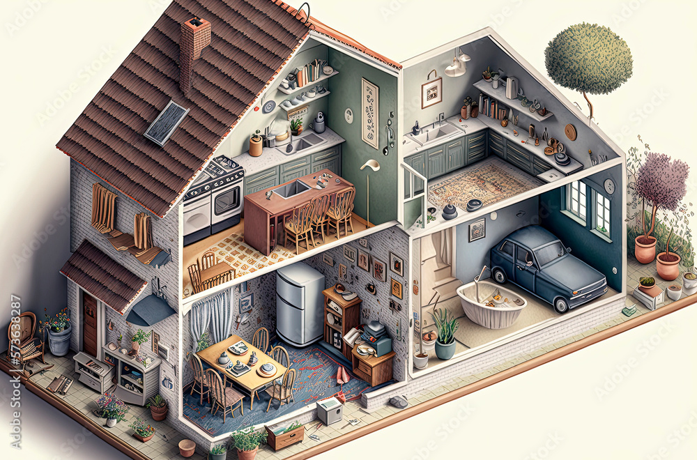 Generative AI illustration of Cutaway house isometric. Housing ...