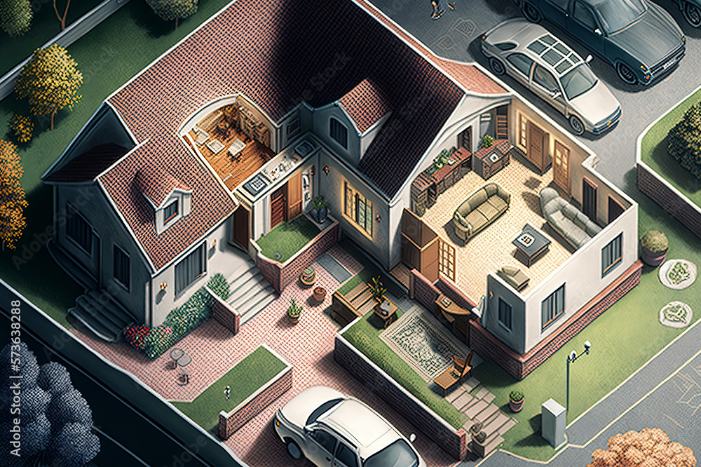 Generative AI illustration of Cutaway house isometric. Housing ...