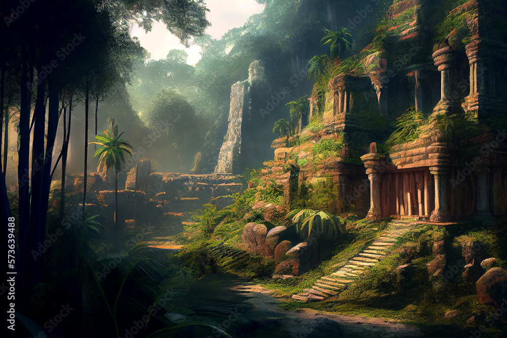 Maya civilization illustration depicting ancient ruins, pyramids, and ...