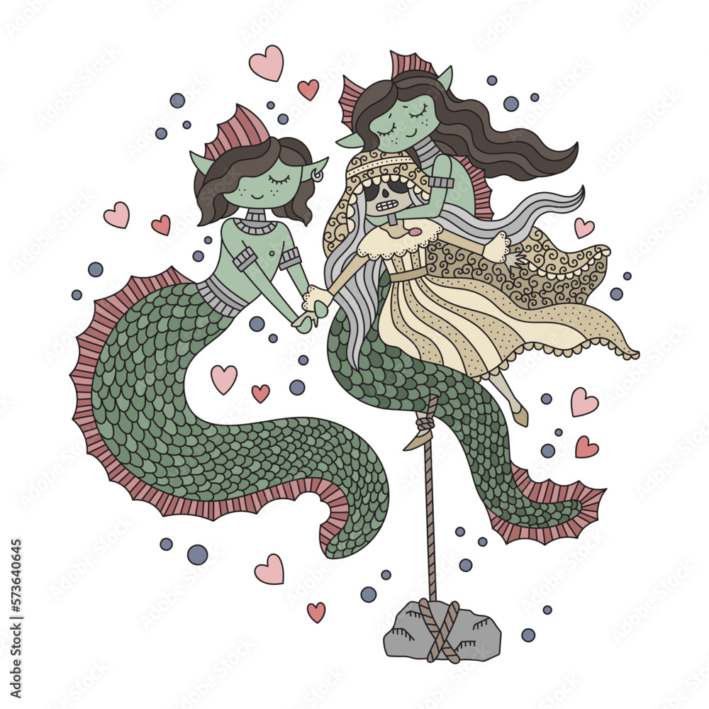 Green male mermaids with drowned dead bride. Underwater dark fantasy ...