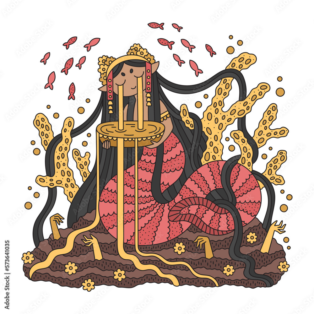 Little mermaid crying with gold. Cute asian princess with tiara. Red ...