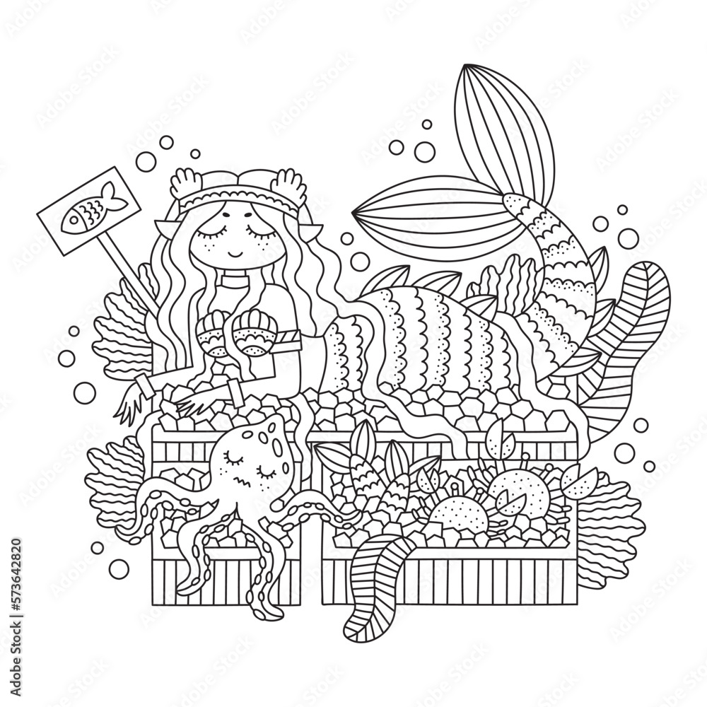 Funny fish market with octopus. Fish, crab and mermaid. Funny ...