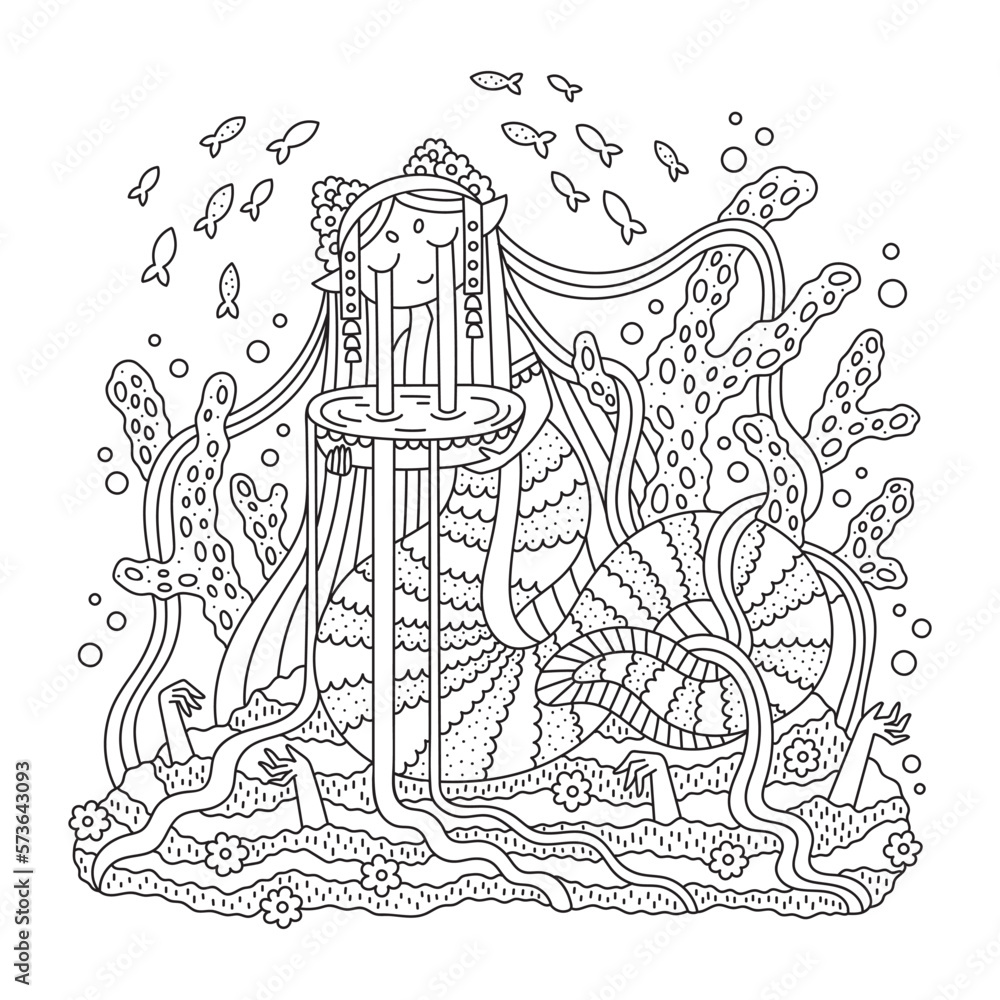 Cute little mermaid with asian accessories. Sea princess fish girl ...