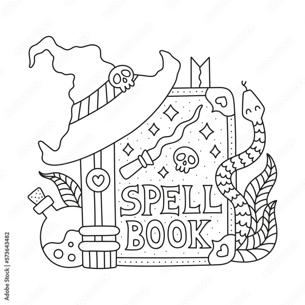 Magical spell book for wizard. Witchcraft recipes book. Witch hat ...