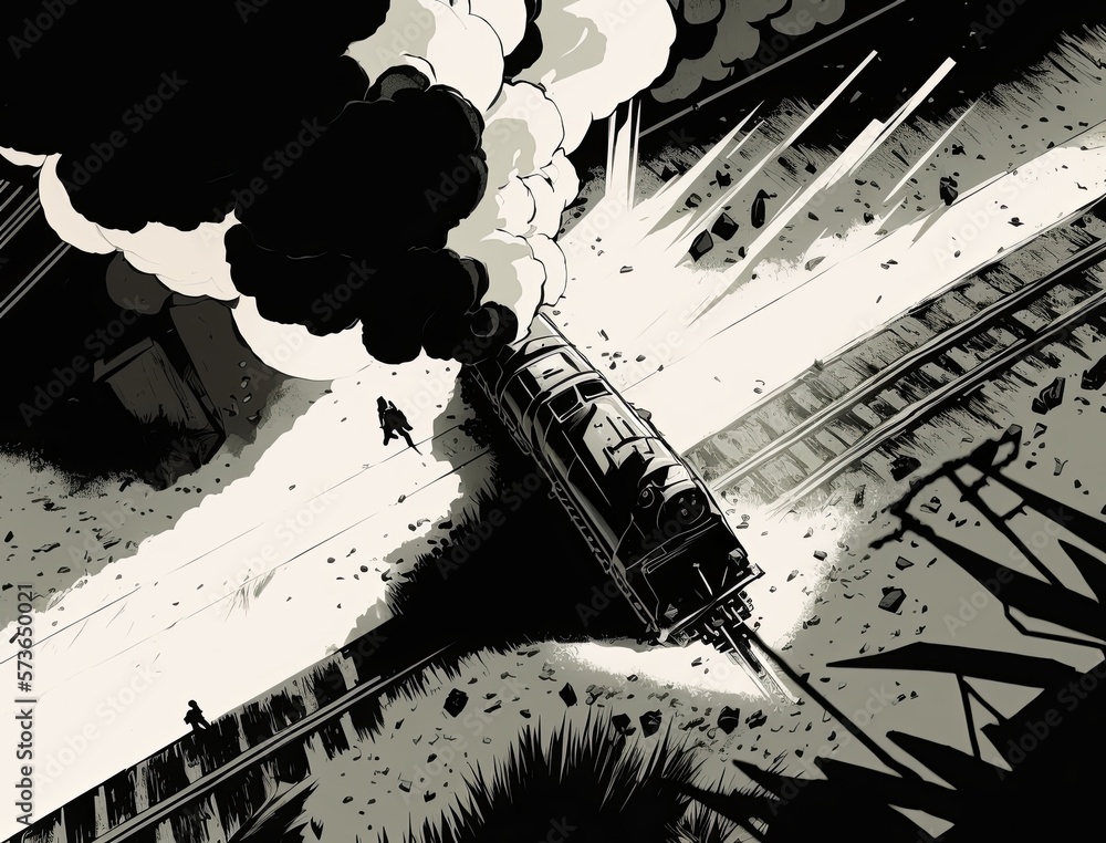 Aerial view of train derailment and explosion on the railway. Black ...