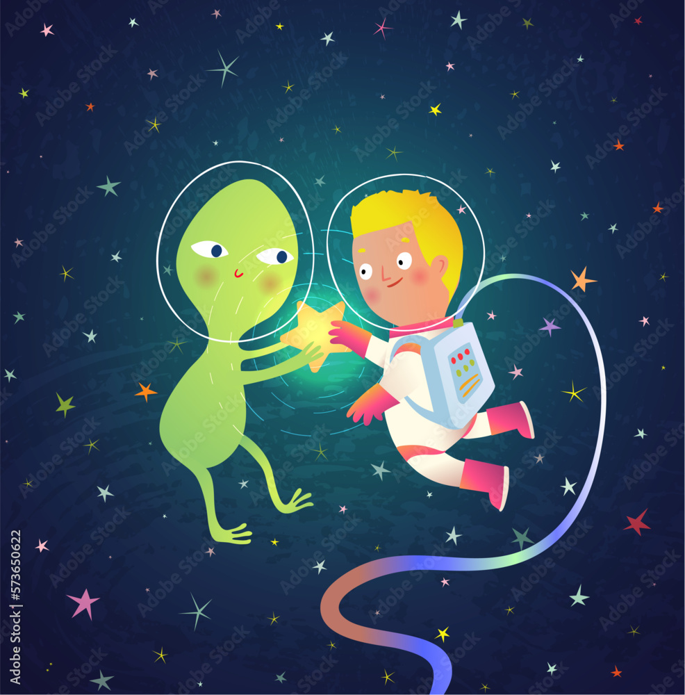 Cute green alien meets an astronaut in outer space. Extraterrestrial ...