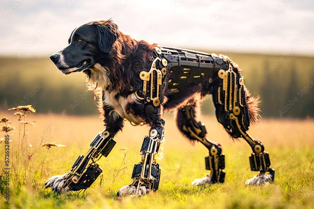 loyal and brave dog with robotic leg for owners on grass, generative ai ...