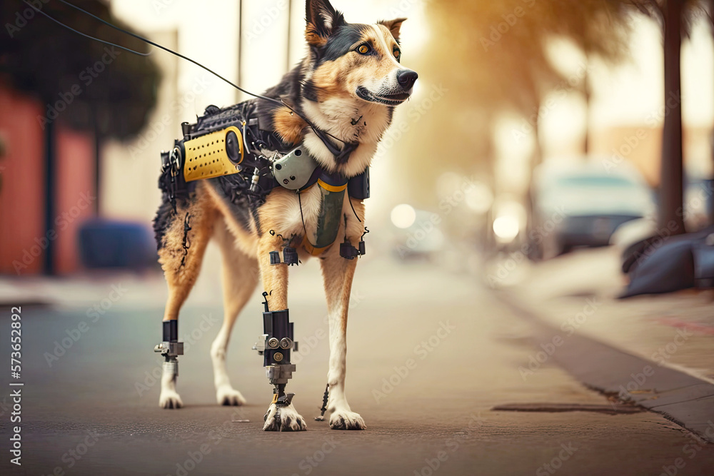 dog with a robotic leg walks along street on two feet, generative ai ...