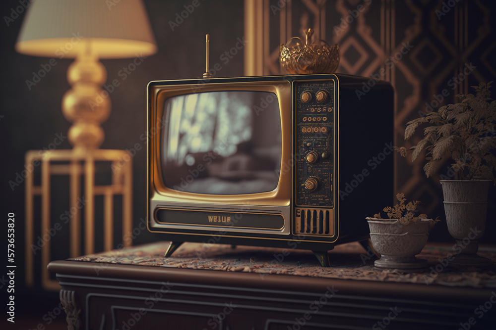 Vintage tv in a retro living room - Generated by generative AI Stock ...