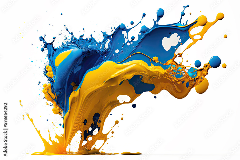 Blue and Yellow Liquid Paint Splash on a White Background (Generated ...