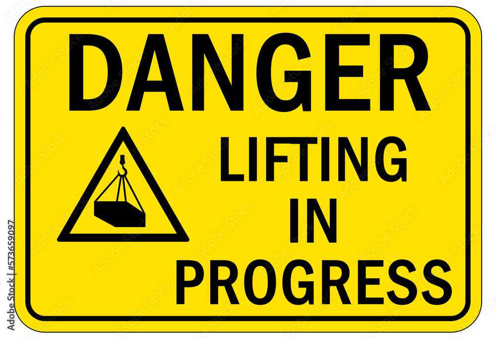 Overhead crane hazard sign and labels lifting in progress, danger Stock ...