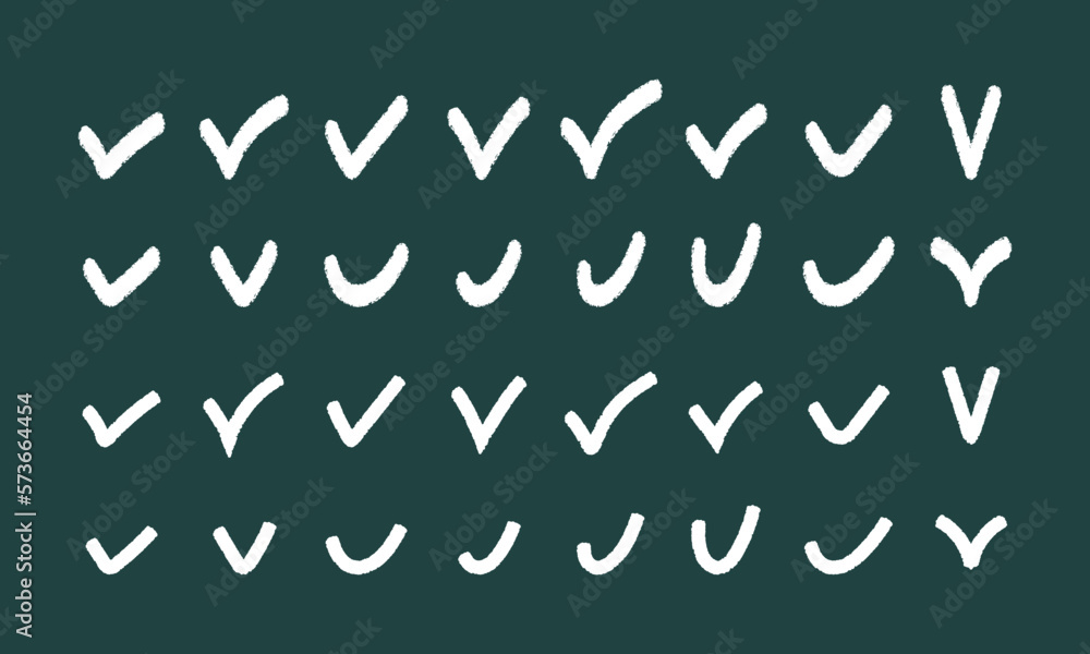 Vector icon set of white hand-drawn check marks on an isolated green ...